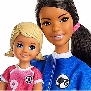 Barbie Soccer Coach Playset with Brunette Soccer Coach Doll, Student Doll and Accessories: Soccer Ball, Clipboard, Goal Net, Cones, Bench and More for Ages 3 and Up, Multi