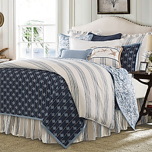 HiEnd Accents Skyler 3 Piece Quilt Set with Pillow Shams, Super Queen Size, Cotton Reversible Luxury Bedding, Blue Medallion Striped Coastal Style Bed Set, 1 Quilt and 2 Pillowcases