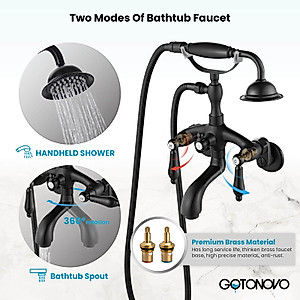 gotonovo Matte Black Wall Mount 3 3/8 Clawfoot Tub Faucet For Bathtub with Hand Held Shower Sprayer Double Level Handle with Hot and Cold Water Adapter Adjustable Swing Arms