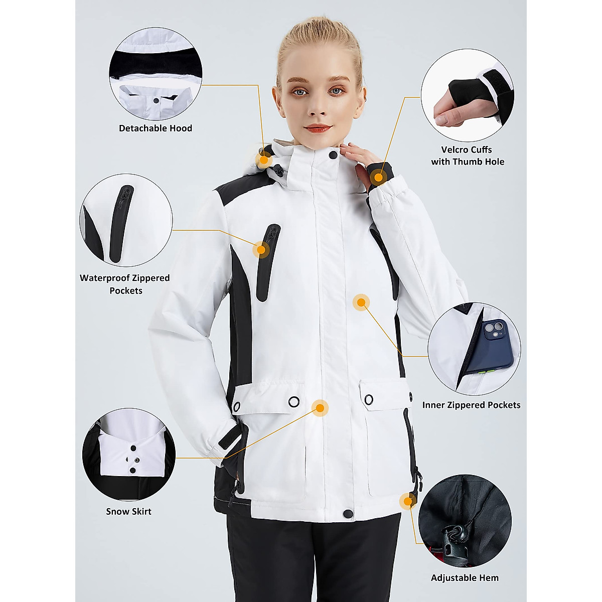 FREE SOLDIER Women's Waterproof Ski Jacket Fleece Lined Warm Winter Snow Coat with Hood Fully Taped Seams(White Black,L)