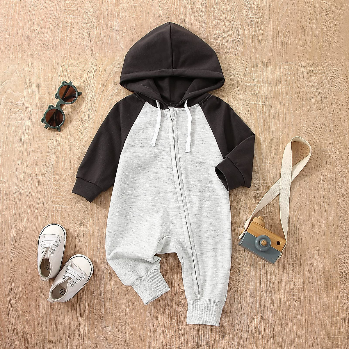 VISGOGO Baby Girls Boys Romper Contrast Color Long Sleeve Hooded Jumpsuit Zipper Autumn Outfit 0-24 Months (Dark Gray, 6-12 Months)