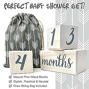 Pondering Pine Baby Milestone Blocks - Natural White Stain Pine Wood with Weeks Months Years Grade - Milestones Age Block Set with Bag, Newborn Weekly Monthly First Year Picture Props, Earth Friendly