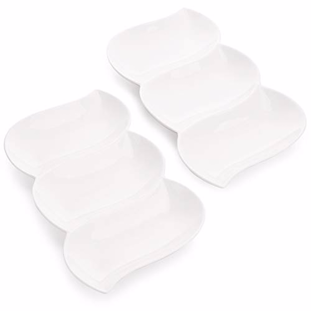 MyGift Set of 2 White Ceramic Relish Tray Appetizer Serving Platter with Wave Design, Divided Snack Tray, Charcuterie, Food, Dessert Platters, 13.5 x 6.5 Inch