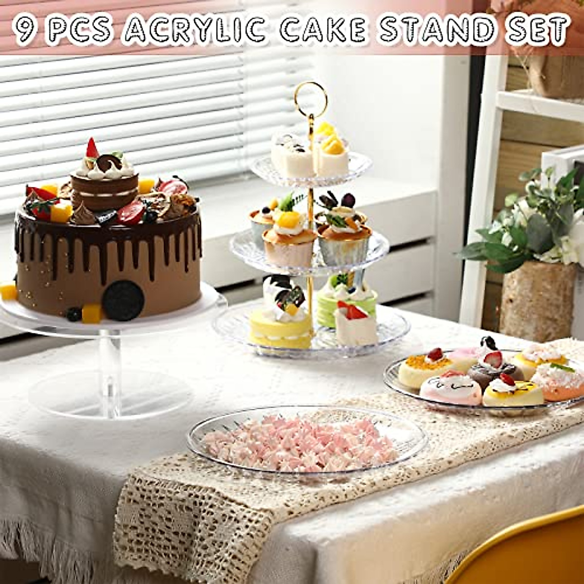 9 Pcs Acrylic Cake Stand Set Including 4 Pcs 3 Tier Cupcake Tower 4 Pcs Round Dessert Trays 1 Pcs Cake Pedestal Stand Dessert Table Cupcake Holder for Birthday Wedding Baby Shower Party Decoration