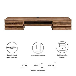 Modway Render 60" Mid-Century Modern Wall-Mount Office Desk in Walnut