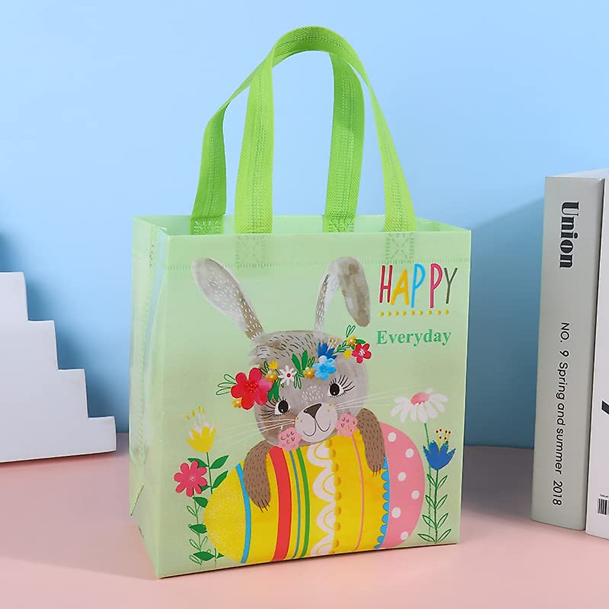 Ainid 8PSC Easter Treat Bags, Large Reusable Bunny Egg Easter Basket with Handles Kids Party Gift Bags Tote Bags, Non-Woven Easter Treat Bags for Easter Party Supplies 8.8 x 8.3 x 4.5inch