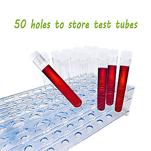 50Pcs Clear Plastic Test Tubes with Rack,16 x 100mm Tube with Caps and 50 Holes Tubes Rack,Test Tube Set for Scientific Experiments,Candy,Beads,Liquid Storage,Party Decor