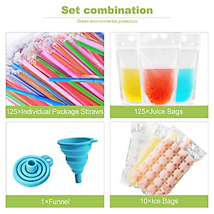 125Pcs Drink Pouches for Adults with Individual Package Straws Reclosable Zipper Smoothie Bags Juice Pouches Heavy Duty Hand-held Cold & Hot Drinks，BPA & Phthalate Free - Funnel Included