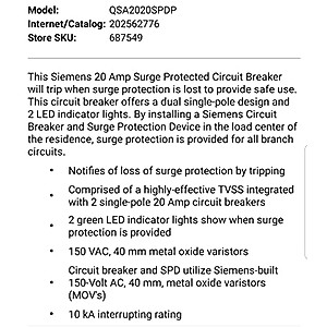 QSA2020SPDP, SIEMENS, 40892280784, SURGE (2)20A 1P 120V BREAKERS AND SPD