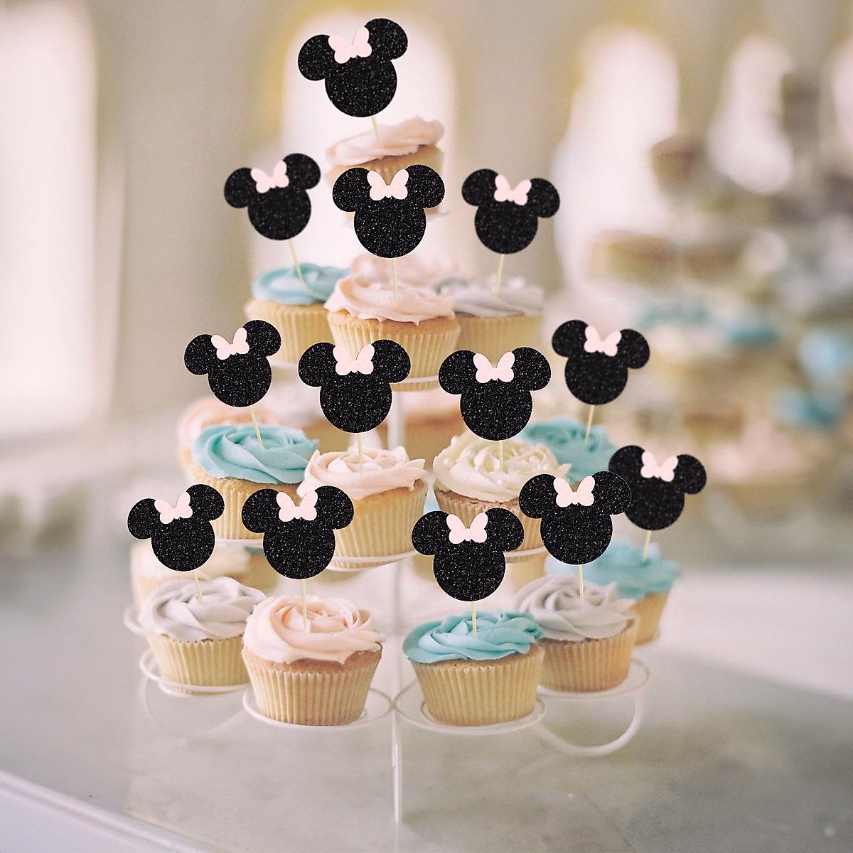 Gyufise Mouse Inspired Cupcake Toppers with Bow Black and Pink Glitter Mouse Cupcake Picks Baby Shower Wedding Kids Birthday Party Cake Decorations Supplies 36 Pack