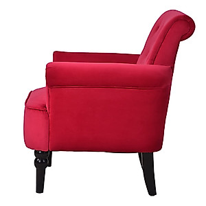 Accent Chair with Roll Arm, Upholstered Modern Reading Sofa Chair with Wood Legs and Wingback, Button Tufted Club Velvet Vanity Armchairs for Living Room, Bedroom, Lounge Room (Red)