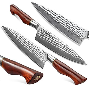 HEZHEN 8.3 Inches Damascus Chef Knife, Damascus Steel Powder Steel Kitchen KnifeHammered Pattern,Natural Rosewood Handle