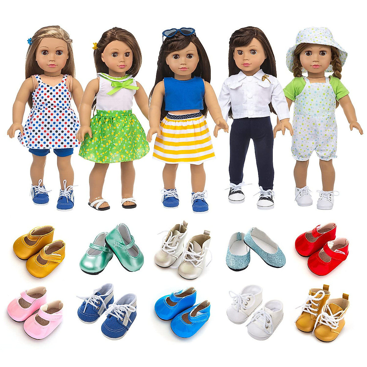 XFEYUE American 18 Inch Doll Clothes and Accessories 5 Sets Doll Clothes Dress Outfits + 2 Random Style Shoes for 18 Inch Doll Clothes