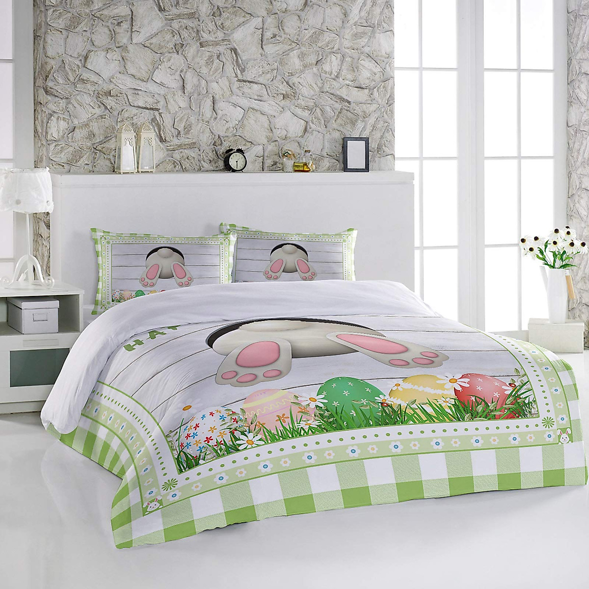 Easter Queen 3 Pieces Duvet Cover Set,Bunny Tail Egg Super Soft Breathable Bedding Sheet,Flower Green Plaid White Plank Machine Washable Quilt Covers and Pillow Cases Bed Sets for Bedroom Guest Room