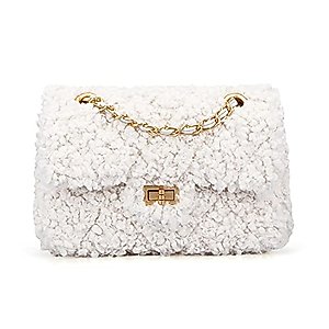 Women Plush Shoulder Bag Fashion Fluffy Crossbody Purse Soft Warm Shopping Dating Bag with Adjustable Chain Strap Indie Cute Tote Bags (White)