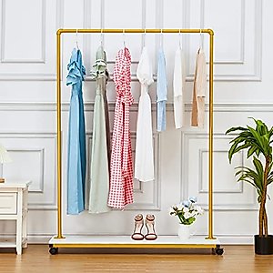 Towallmark Gold Clothing Rack, Heavy Duty Industrial Pipe Clothing Rack with Wood Shelf, Large Space Metal Clothes Garment Rack on Wheels Ideal for Bedroom Living Room Boutique Use 59’’