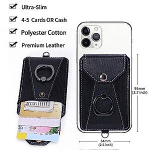 YUNCE Cell Phone Card Holder,Card Holder for Back of Cell Phone with Ring Grip Stand,Adhesive Stick-on Credit Card Wallet Pocket with Detachable Neck Strap Black