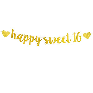 Happy Sweet 16 Banner Gold Glitter 16th Birthday Party Decor, Funny Sixteen Years Old Birthday Party Decorations(Gold).