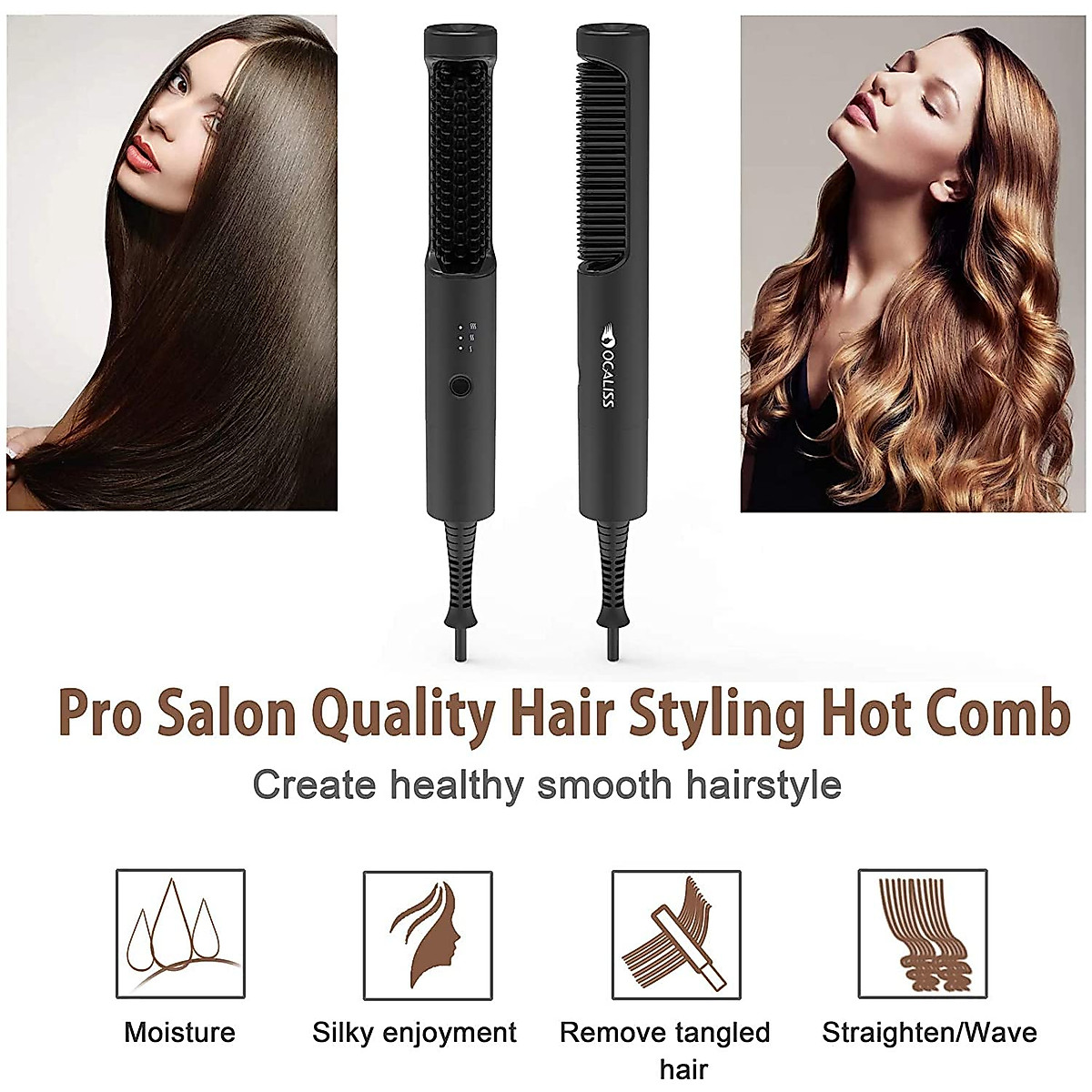 Hair Straightener Brush,Ocaliss Heated Ionic Hair Straightening Brush Flat Iron for Smooth Frizz-Free Silky Hair with 20S Fast Heating, 3 Temp Settings, Anti-Scald Hot Brush for Styling