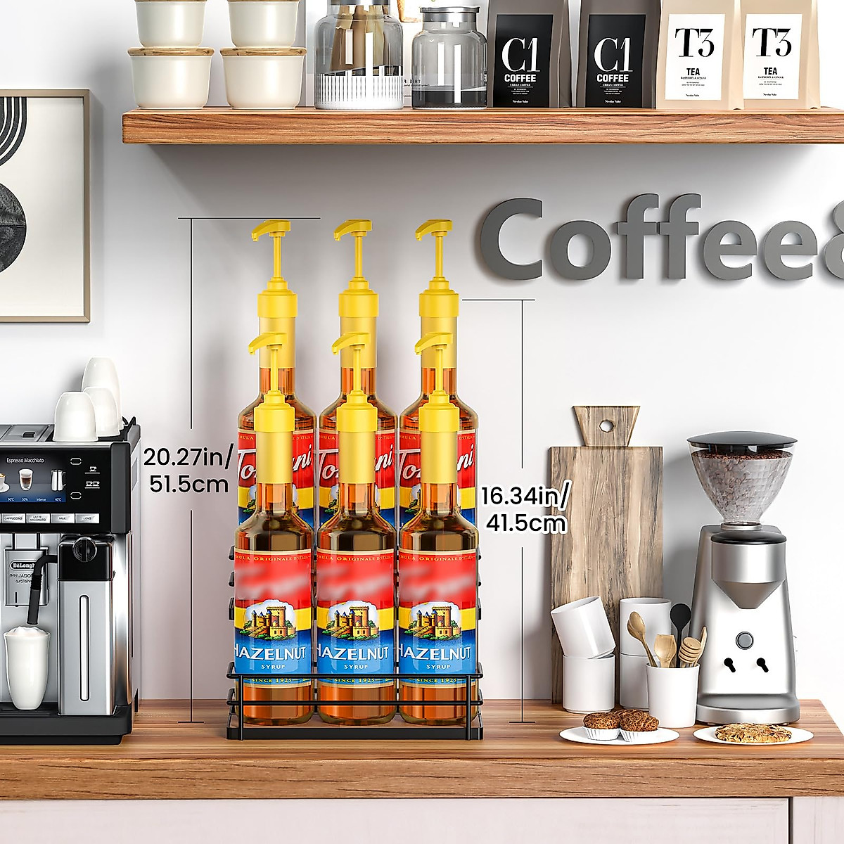 THYGIFTREE Coffee Syrup Rack Organizer 6 Bottles Syrup Holder Stand for Coffee Bar 2-Tier Syrup Storage Shelves for Dressing for Kitchen Coffee Station