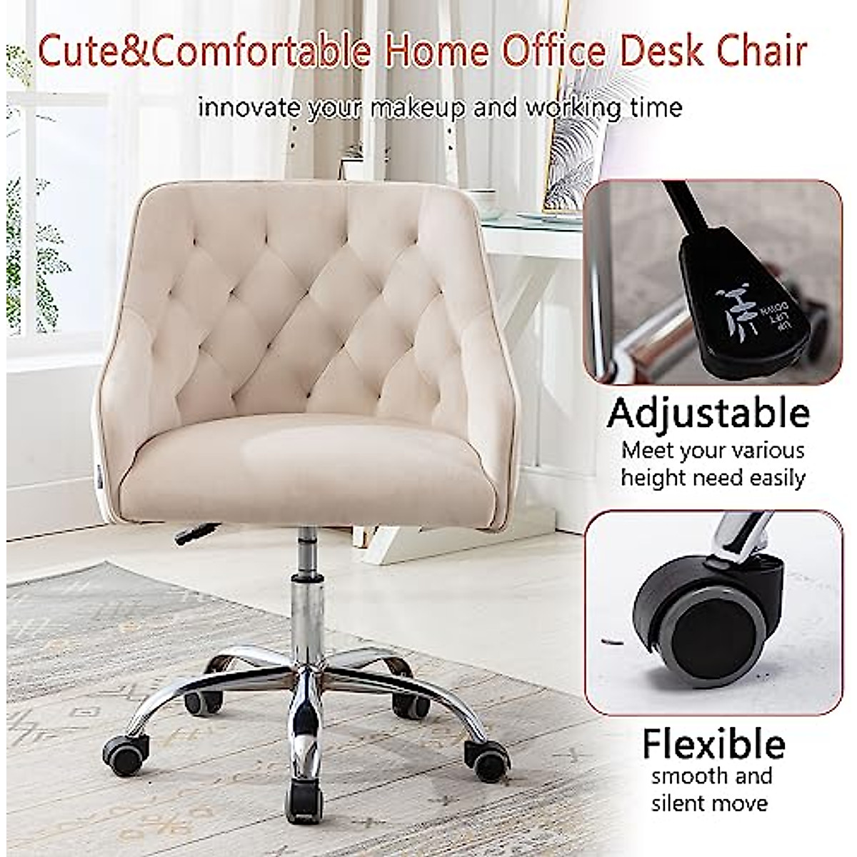 HomVent Swivel Chair w/Upholstered Armrests,Wide Seat Leisure Office Chair w/Tufted Shell Back Velvet Computer Chair w/Golden Base Task Chair w/Height Adjustment Design for Home Reception Room