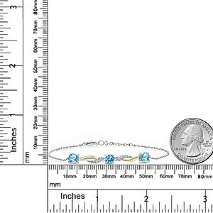 Gem Stone King 1.99 Ct Swiss Blue Topaz G-H Lab Grown Diamond 925 Silver and 10K Yellow Gold 7 Inch Tennis Bracelet For Women with 1 Inch Extender