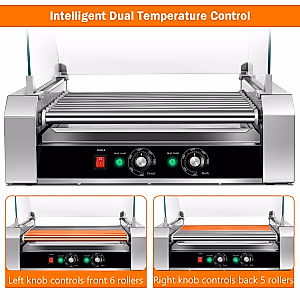 S AFSTAR Commercial 30 Hot Dog 11 Non-Stick Roller Machine, Electric Hot Dog Sausage Grill Cooker Machine with Removable Stainless Steel Drip Tray & Glass Hood Cover, Countertop Hot Dog Roller Warmer