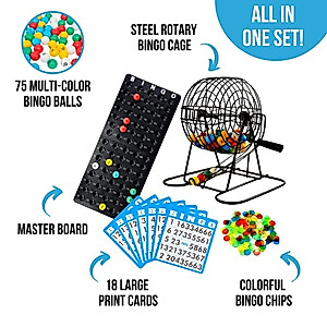 Regal Games - Deluxe Bingo Set - Includes Bingo Cage, Master Board, 18 Mixed Cards, 75 Calling Balls, Colorful Chips - Ideal for Large Groups, Parties