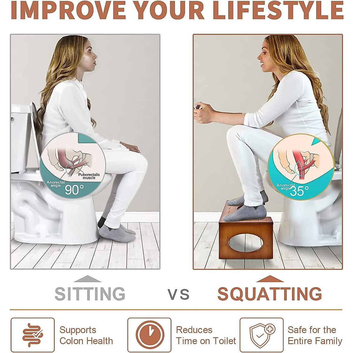 BQYPOWER Toilet Stool, Bamboo 8 Inch Toilet Potty Stool, Foldable Bathroom Poop Stool with Non-Slip Mat for Adults Children…