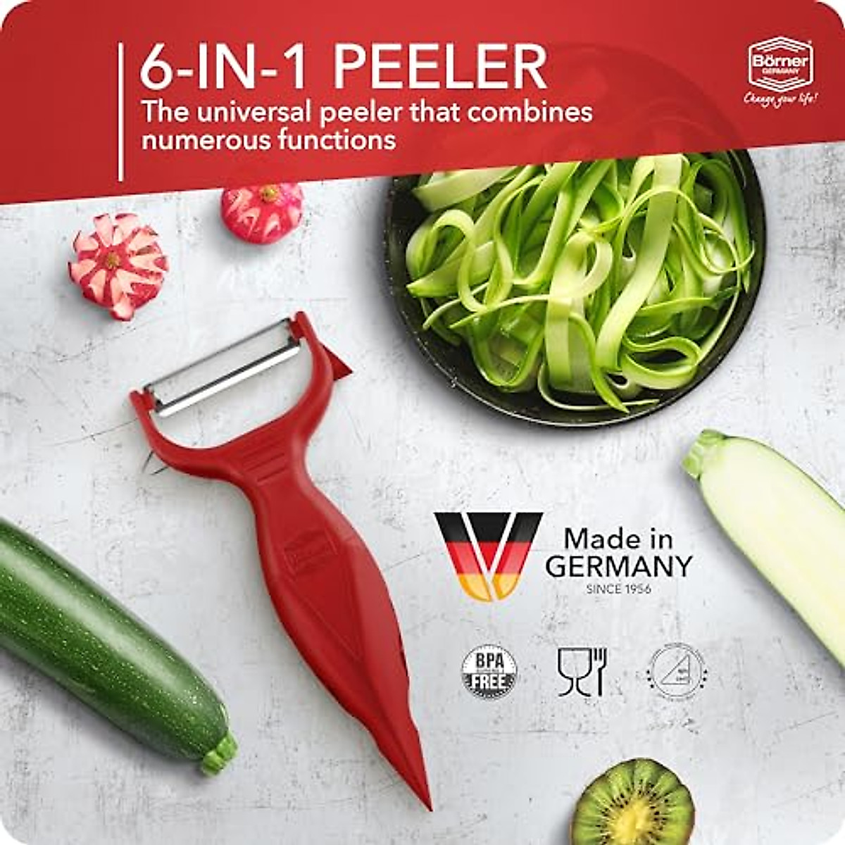 Börner Vegetable Peeler (6-in-1) • Garnishing Peeler with Grater • Multifunctional Peeler for Fruits & Vegetables • Fruit Peeler, Universal Peeler, Potato Peeler • Color: Red