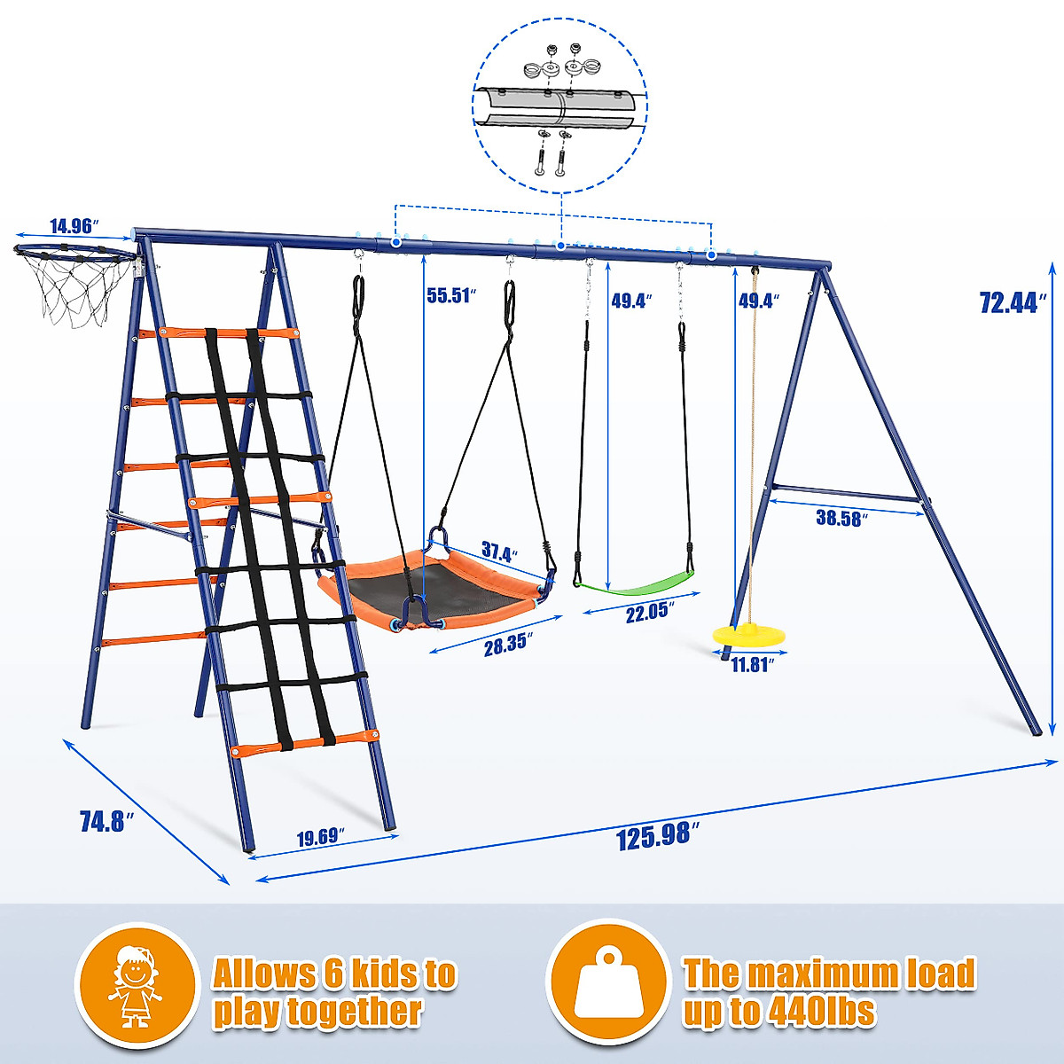 Legooin Swing Sets for Backyard, 550lbs-6 in 1 Heavy Duty Metal Swing Set with 3 Swings Climbing Net Ladder and Basketball Hoop, Waterproof Kids Swing Sets for Backyard for Indoor Outdoor Playground