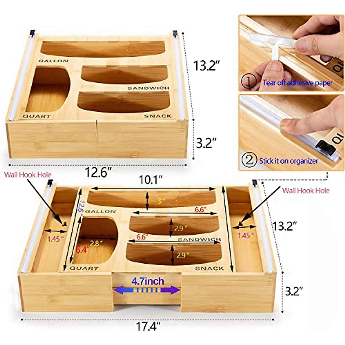 Bamboo 6 In 1 Foil and Plastic Wrap Organizer, Ziplock Bag Organizer/Holder Wrap Dispenser With Slide Cutter, for kitchen Drawer or House Wall Use, for Gallon,Quart,Sandwich Bag etc.