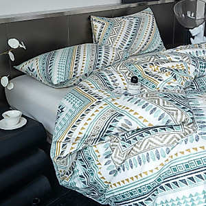 Boho Duvet Cover King, 3 Pieces Boho King Bedding Set, Ethnic Yellow White Green Louvre Bohemian Pattern Duvet Covers, 100% Cotton, Luxury Soft Breathable Comfy with Zipper Closure