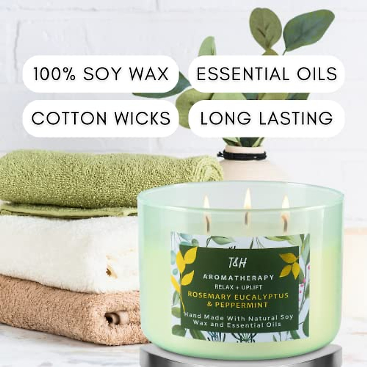 Rosemary Eucalyptus & Peppermint Scented Candle with Lavender & Thyme, Refreshing Stress Relief Aromatherapy Candle 3-Wick 15.8 oz, Strong Eucalyptus Mint Candles for Home Scented, Natural Soy Candles