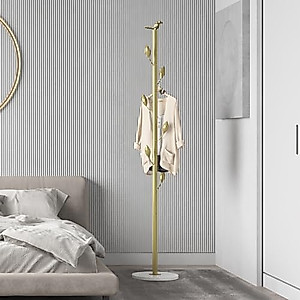 Julenshion Metal Coat Rack Freestanding Coat Tree Clothes Stand with 6 Hooks,Top with Bird, Marble Base for Coats Hats Bags Purses Entryway Hallway Bedroom(Gold