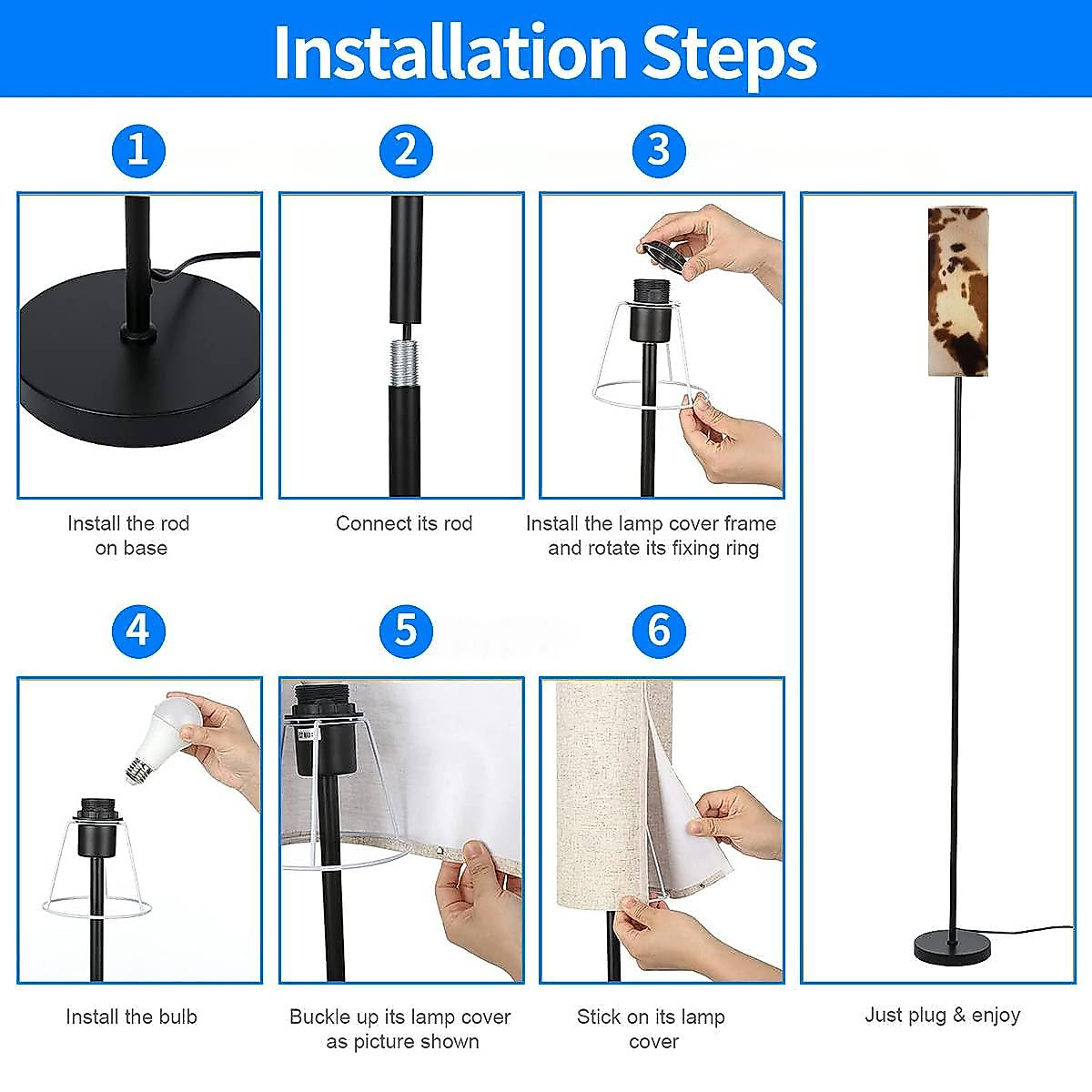 RZNTJHUINA Modern Standing Lamps Cow Skin Texture Country Farmhouse Floor Lamp Rustic Metal Pole Lamp with Linen Lampshade for Bedroom Living Room Office Nursery Reading Foot Switch Western Decor