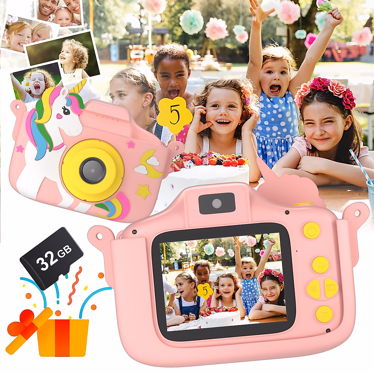 SELPONT Toys for Girls Ages 3-8+, Upgrade Kids Selfie 1080P Digital Video Camera for Toddler with Cartoon Silicone Cover, Christmas Birthday Gifts for Girls, Portable Camera with 32GB SD Card-Pink