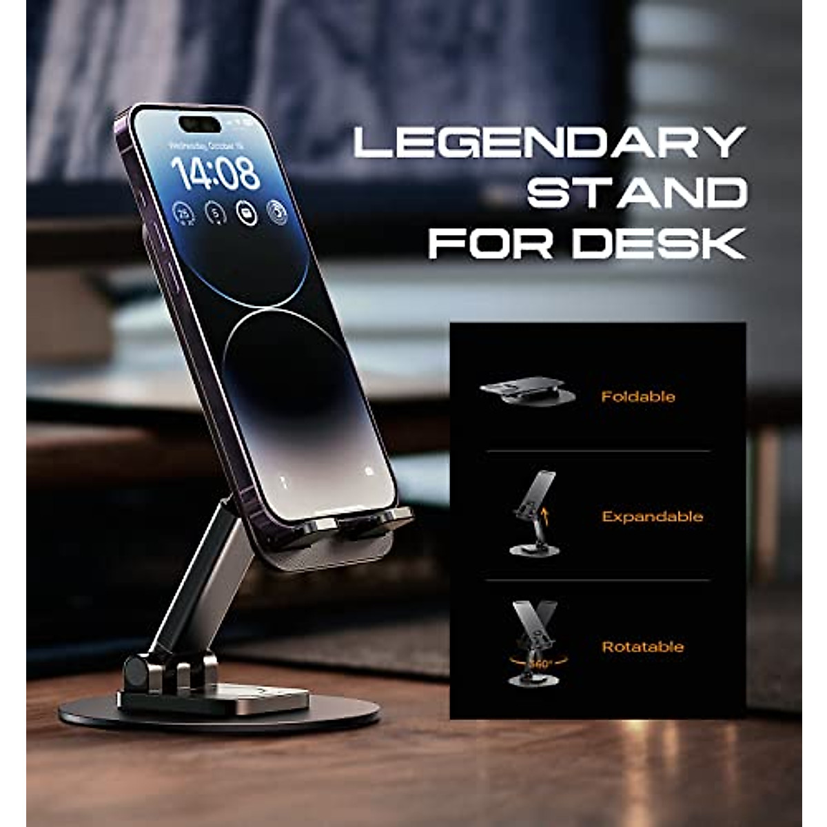 LISEN Rotatable Cell Phone Stand Height Adjustable iPhone Holder for Desk Portable Cellphone Stand Compatible with All Mobile Phone iPhone 15 14 Pro Max Desk Accessories (20X Stable Space Black)