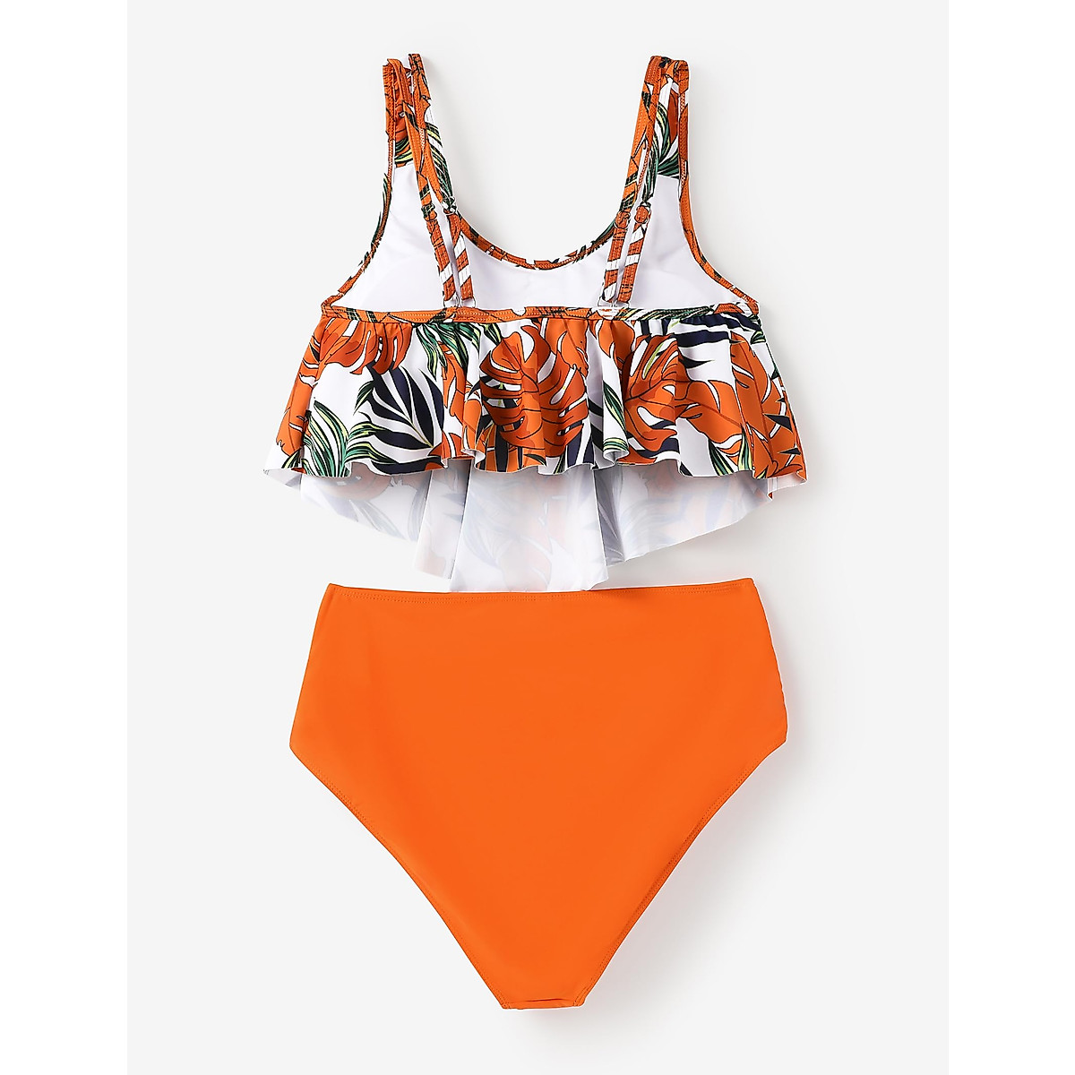 PATPAT Matching Family Swimsuits Two Piece Mother Daughter Matching Swimsuits Hawaiian Tropical Orange Palm Leaf Print Beach Vacation Matching Bathing Suits for Couples Ruffle Bikini for Women L
