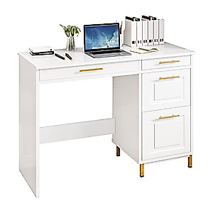 HOMBCK White Desk with Drawers, Modern White and Gold Desk with Drawers, Home Office Desk Small Computer Desk for Bedroom, Vanity Desk with 4 Drawers & Spacious Desktop, White/Gold