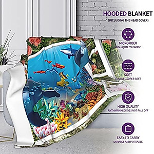 Hooded Blanket Underwater Dolphin With Flowers Window Flannel Wearable Throw Cape Robe Wrap Fleece Warm Air-Conditioning Quilt 60"X50"