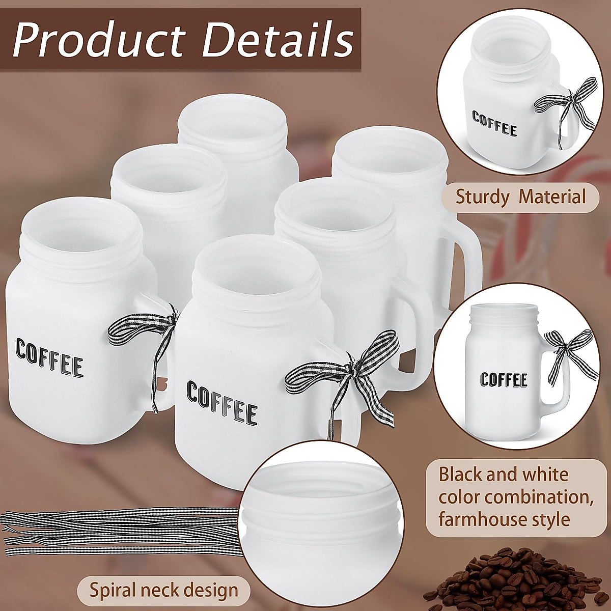 Dandat 6 Set of Matte White Mason Jar Coffee Cups 16 oz Farmhouse Mason Jar Mugs with Handles Coffee Drinking Glasses with Ribbon for Cold Coffee Beverages Cocktails Sodas Juice Decoration Storage
