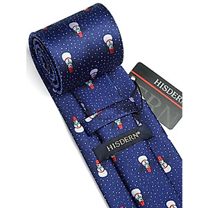 HISDERN Men's Christmas Ties Navy Blue Snowman Funny Necktie and Pocket Square Festival Holiday Xmas Tie for Vacation Party with Gift Box