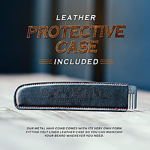 Bossman Metal Comb for Men - Hair and Beard Comb - Accessories for Men's Mustache, Beard and Hair Care with Leather Pocket Case (Black)