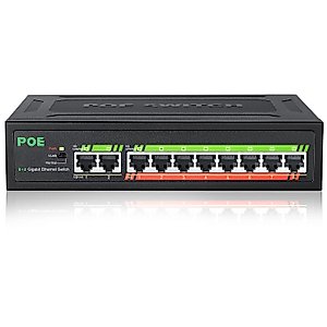 10 Gigabit Port PoE Ethernet Switch, 8 PoE Port Switch with 2 Uplink, Unmanaged Ethernet Splitter 802.3af/at Compliant Plug & Play Traffic Transmission