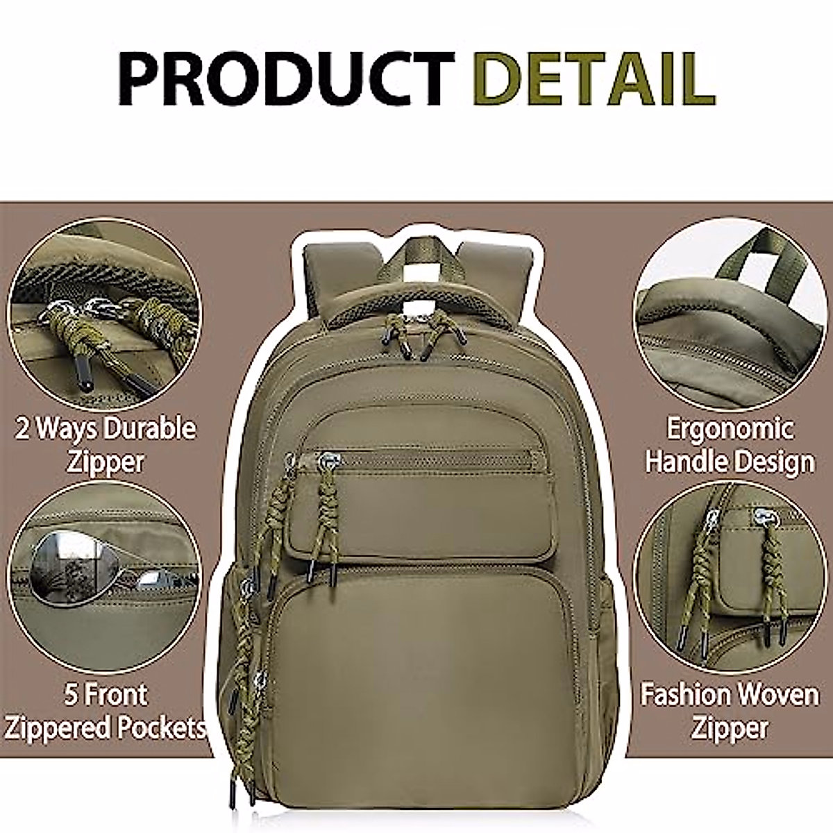 AUGUST 18 Casual Laptop Backpack, 14 inch Laptop Travel Backpack for Women, Water Resistant Casual Bag for Work Travel Commute, Army Green