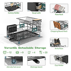 slhsy Dish Drying Rack, Stainless Steel 2-Tier Dish Rack with Cup Holder Utensil Holder Cutting Board Holder Knife Holder with Drainboard Black
