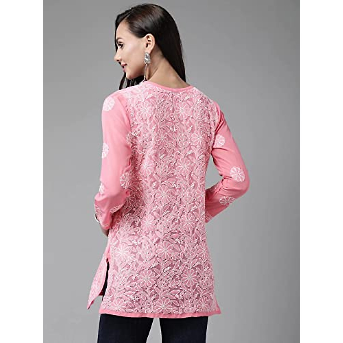 Ada Indian Hand Embroidered Chikankari Women's Pink Georgette Top Tunic Shirt Kurti A911225 (XX-Large)