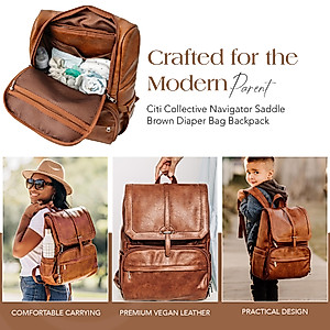 Citi Collective Navigator Saddle Brown Diaper Bag Backpack -Premium Vegan Leather- Compact Spacious Design With Insulated Pockets and Stroller Clips