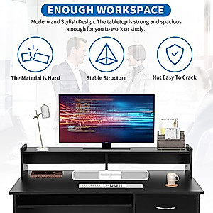 BLKMTY Computer Desk with Drawers for Home Office Desk with Keyboard Tray 43" Study Desks for Teens Wood Executive Desk with Monitor Stand Large Desktop Surface Writing Table Workstation, Black